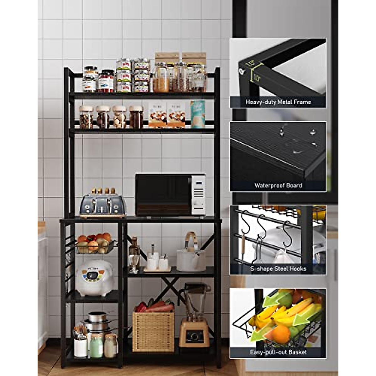 Gizoon Home Kitchen Baker's Rack with Spacious Storage, 5 Tier Versatile Microwave Stand Shelf with Basket & Side Hooks,Free Standing, Sturdy, Durable-Black
