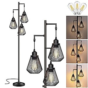 QiMH Dimmable Industrial Floor Lamp for Living Room Farmhouse Rustic, Tall Tree Standing Lamp with 3 Teardrop Hanging Edison LED Light Bulbs, Vintage Lamp for Ambience, Black