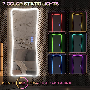 Lvifur RGB LED Full Length Mirror 48”x20”, Wall Mounted Hanging Mirror 7 Dynamic & 7 Static Modes Dimmable, Full Body Lighted Mirror for Bedroom, Cloak Room