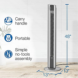 Lasko Portable Electric 48" Oscillating Tower Fan with Fresh Air Ionizer, Timer and Remote Control for Indoor, Bedroom and Home Office Use, Gray T48310