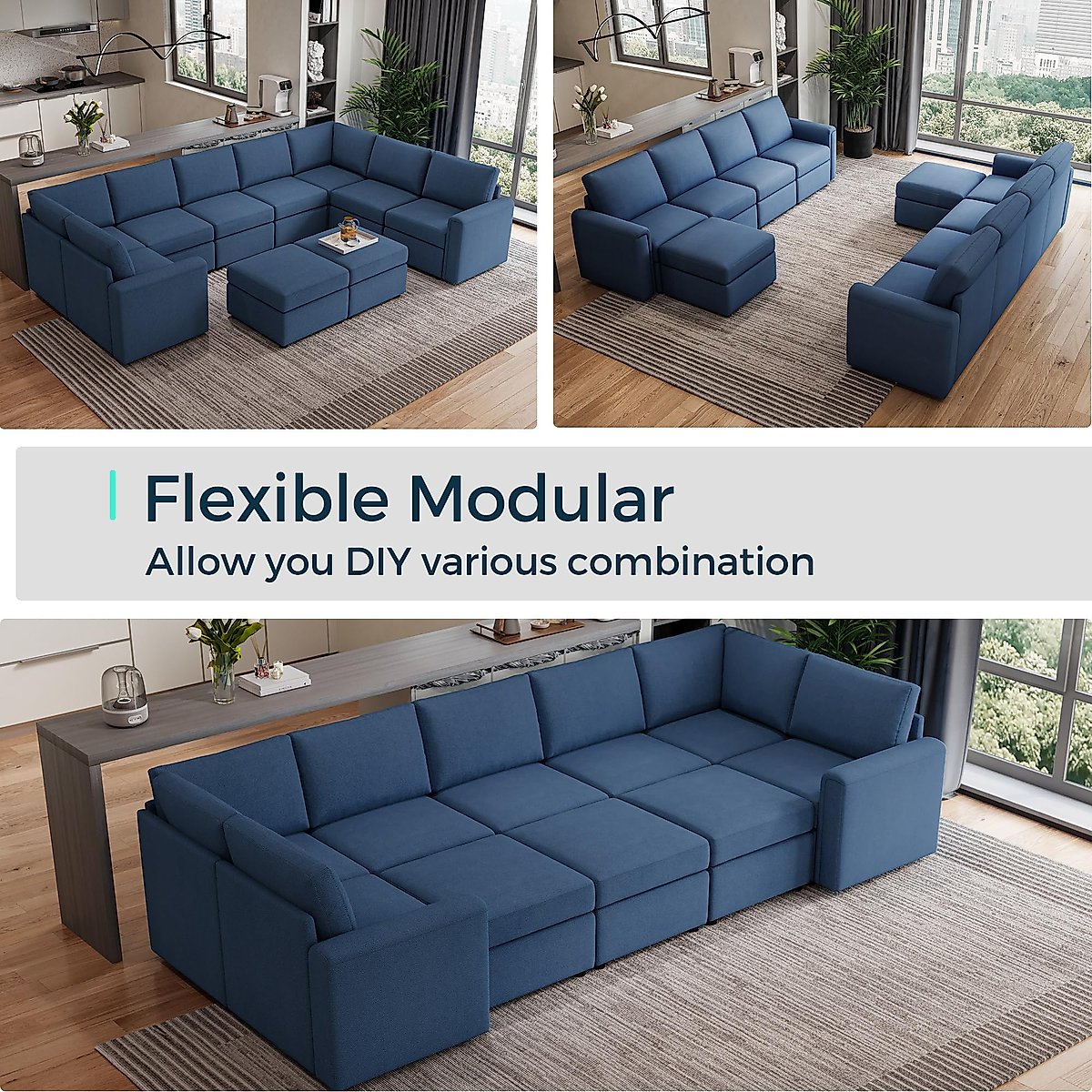 LINSY HOME Oversized Modular Sectional Sofa, Convertible Sectional Sofa Couch with Memory Foam and Storage, Sofa Covers Removable and Changeable, 10 Seat Large Sofa Set, Blue