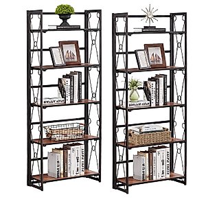 VECELO 5 Tier Folding Bookshelf, No Assembly Book Shelf Bookcase Set of 2, Industrial Metal Free-Standing Shelves Organizer Home Decor for Living Room, Bedroom, Study, Kitchen, Walnut