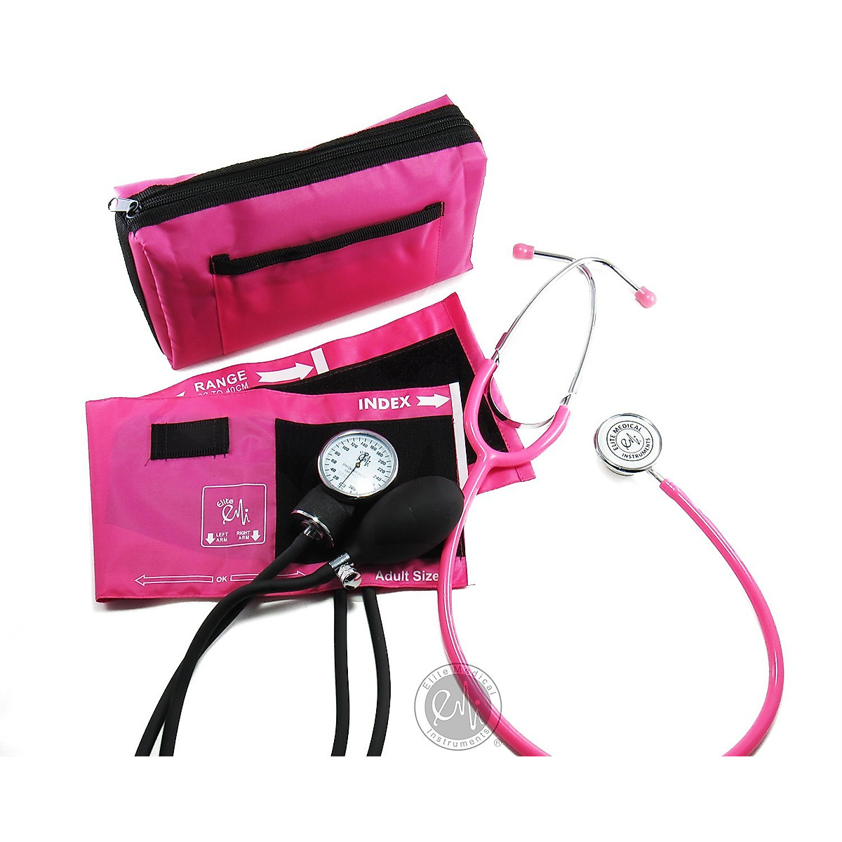 EMI #305 Pink Aneroid Sphygmomanometer Manual Blood Pressure Monitor with Adult Cuff and Dual Head Stethoscope Set Kit