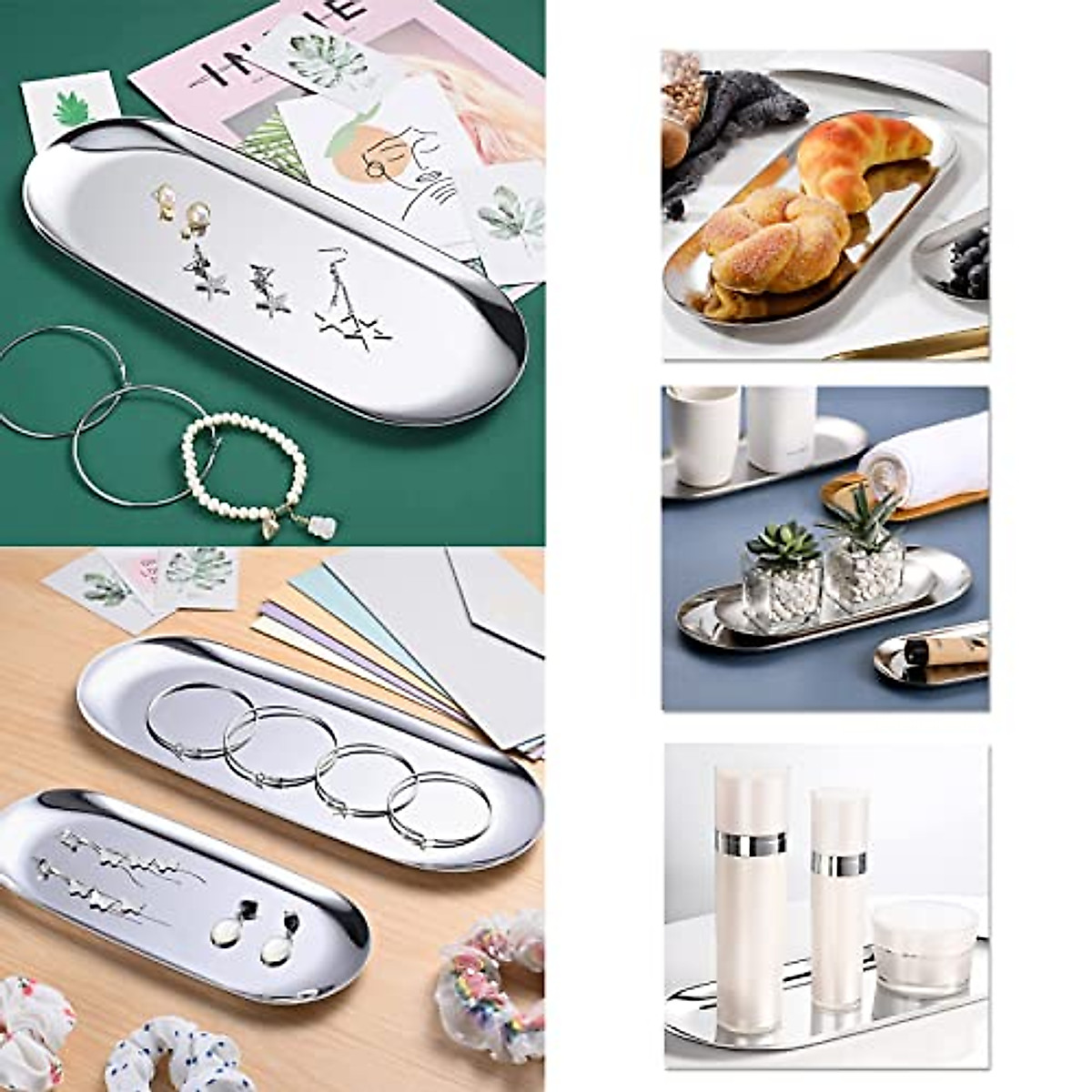 Stainless Steel Towel Tray 3 Pack Silver Tray Storage Tray Multipurpose Decorative Trays Serving Tray for Trinket Jewelry Dish Tea Fruit Bathroom Storage Organizer Oval, Silver (8.7 x 3.5 inch)