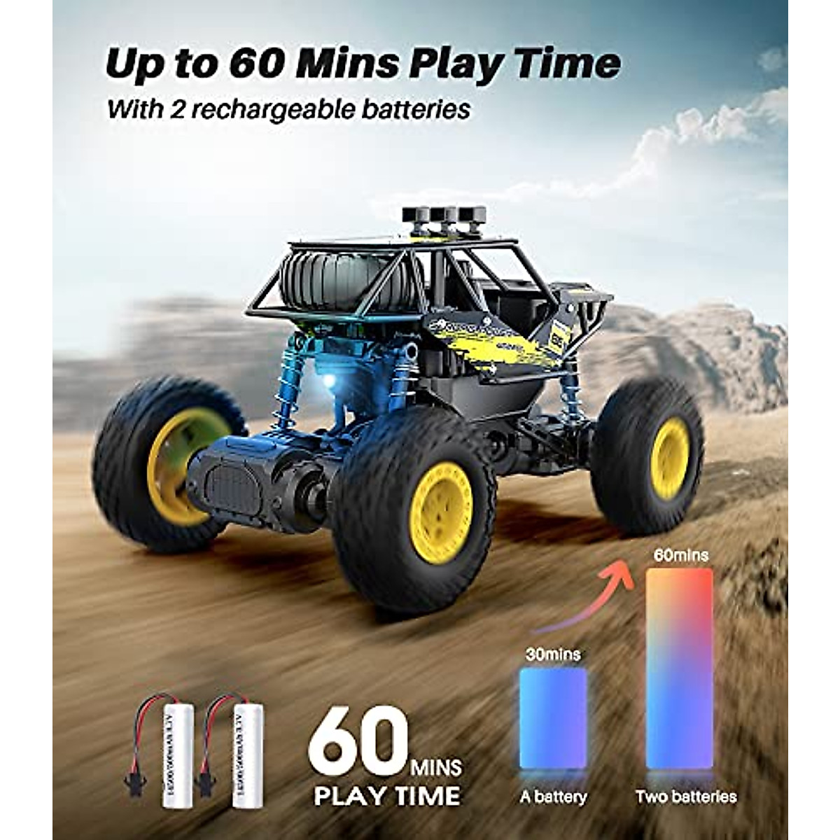 DoDoeleph Remote Control Car Metal,RC Monster Trucks,1/20 Scale LED 2WD 4 Channel All Terrains Off Road Vehicle 2X Rechargeable Batteries 54+mins Running Toy Gift for Boys Girls Kids Adults
