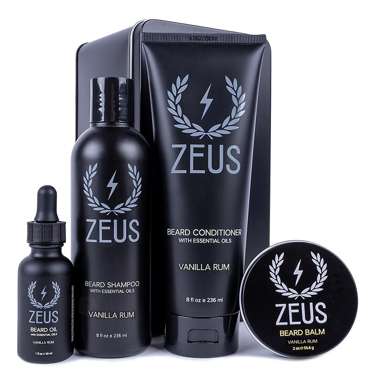 ZEUS Everyday Beard Kit with Tin Gift Box – Beard Wash Shampoo & Conditioner, Natural Beard Oil, Beard Balm & Tin Box (Vanilla Rum)