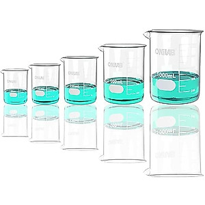 ONiLAB Glass Measuring Beaker Set 50ml 100ml 250ml 500ml 1000ml(Pack of 5) 3.3 Boro Griffin Low Form with Printed Graduation Scientific Glassware for Laboratories, Classrooms or Home Use