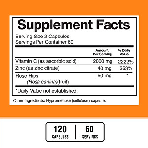 American Standard Supplements Vitamin C 2000mg, Zinc 40mg, and Rose HIPS 50mg Per Serving – Vegan, Gluten Free, Non-GMO, 120 Capsules, 60 Servings