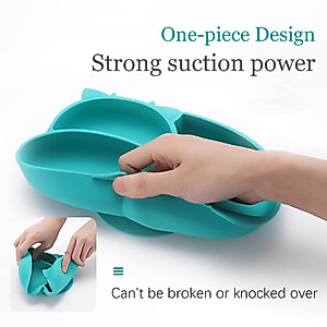 MOTEERLLU Silicone Divided Toddler Plates BPA Free Portable Non Slip Suction Plate with Spoon and Fork Set-Cow,Dishwasher and Microwave Safe. (Green)