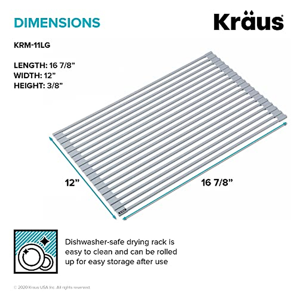 Kraus KRM-11LG Multipurpose Over Sink Roll-Up Dish Drying Rack, Light Grey, 16.88" x 12" x .38"