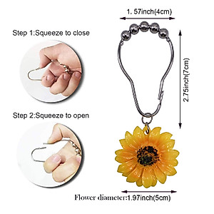 CHICTIE Flowers Shower Curtain Hooks Rings, 12 Pcs Decorative Rustproof Shower Rings for Bathroom Set (Yellow Sunflower)