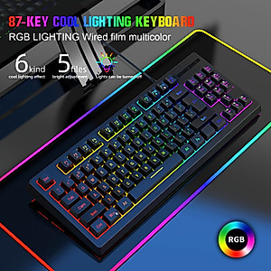Septpenta Mechanical Gaming Keyboard, RGB 87 Keys Ultra Slim LED Backlit Wired Keyboard, Dual Color Injection Keycaps, Ergonomic Keyboard, Compatible with Win7, Android, OS, Etc