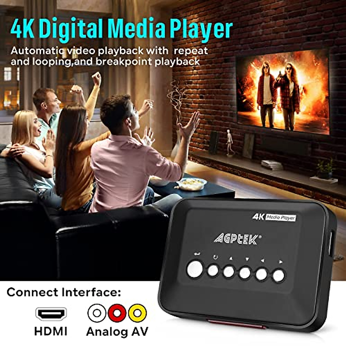 4K@30hz HDMI TV Media Player with HDMI/AV Output, Digital MP4 Player for 14TB HDD/ 512G USB Drive/SD Card/H.265 MP4, with Remote Control for MP3 AVI RMVB MPEG etc