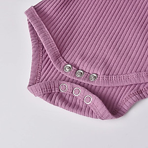Kulcerry Newborn Infant Baby Girl Clothes Solid Color Bow Ribbed Long Sleeve Romper Pants Headband Outfits Set (Purple,Newborn)