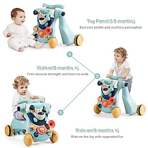 HONEY JOY Sit-to-Stand Learning Walker, 3-in-1 Push Pull Baby Walker W/Wheels, Convertible Ride On Toy Car, Kids Educational Activity Center W/Sound & Light for Toddler Infants Boy Girl (Blue)