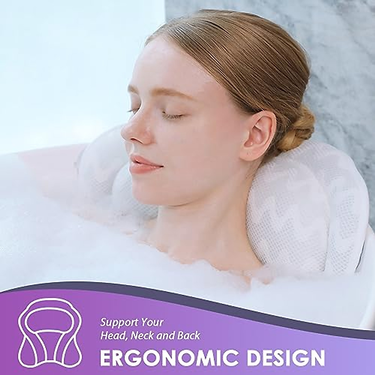 AEROiVi Bath Pillows for Tub Neck and Back Support, Bathtub Pillow with Headrest Cushion, 6 Non Slip Suction Cups Spa Relaxing Bathroom Accessories