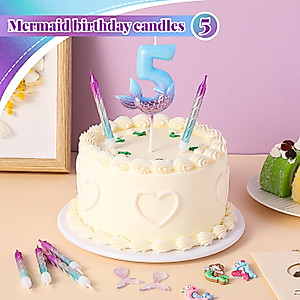 MTLEE 13 Pcs Birthday Candles Set 1 Mermaid Birthday Candle with 12 Pcs Rainbow Spiral Candles Mermaid Cake Toppers Mermaid Birthday Decorations Mermaid Theme Birthday Cake Candles (Number 5)