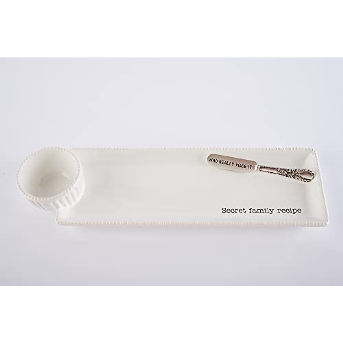 Mud Pie Secret Family Recipe White Ceramic Tray with Dip Cup, 4 1/2" x 15" | Spreader 5 1/2"