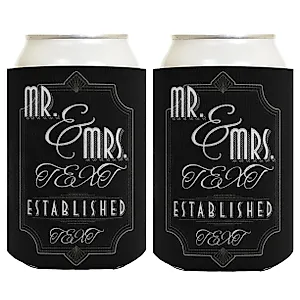 Engagement Party Favor For Women Mr & Mrs Custom Name and Established Date 2-Pack Personalized Can Coolie Drink Coolers Coolies Black