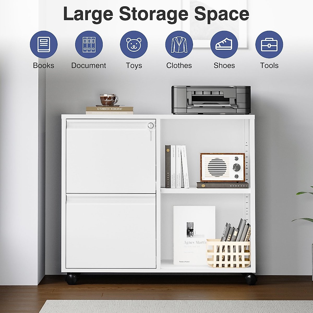 LISSIMO Metal File Cabinet,Lockable Lateral Filing Cabinet for Letter/A4 Size Files,Rolling Printer Stand with Adjustable Shelf & Lockable Wheelss for Home Office(White)