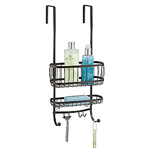 mDesign Metal Wire Over Door Bathroom Tub & Shower Bath Caddy, Hanging Storage Organizer Center - Holds Shampoo, Conditioner, Body Wash, Razor, Towel - 2 Baskets, 6 Hooks - Hyde Collection - Bronze