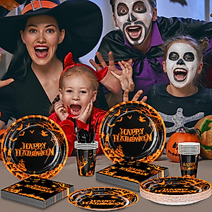 DYLIVeS Halloween Party Supplies, Orange Gold Foil Halloween Pumpkin Cemetery Bats Dinnerware, Includes 9" Plates, Napkins Cups Cutlery Halloween Birthday Party Decorations for Kids Adults, Serve 24