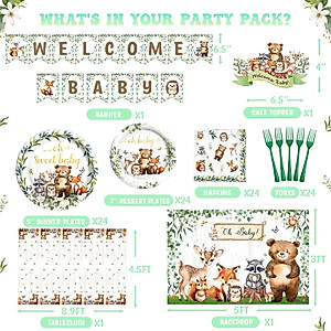 Hombae Woodland Baby Shower Supplies, Forest Animal Neutral Baby Shower Decorations, Baby Shower Decorations For Boy, Backdrop Balloon Banner Tablecloth Cake Topper, Plates, Napkins, Forks