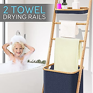 SerenelifeHome Wooden Bath Towel Ladder Rack with Drying Bar Storage Holder and Hamper Basket - Wall Leaning Decorative Blanket Throw Hanger Stand for Bathroom Floor Standing Modern Room Organizer