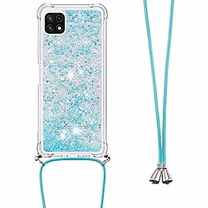 HOUSON for Samsung Galaxy A22 5G Case, Moving Liquid Holographic Sparkle Glitter Case with Crossbody Lanyard Strap, Girls Women Bling Diamond Ring Slim Protective Case for Galaxy A22 5G Blue