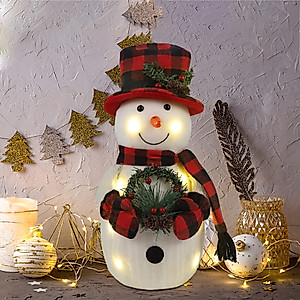 Sancodee Christmas Lighted Snowman, 12" Snowman with Wreath Christmas Table Decorations, Red Black Plaid Snowman Xmas Decor for Home Kitchen Holiday Party