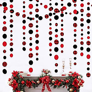 46Ft Buffalo Plaid Polka Dot Garlands Black Red Checkered Paper Circle Dot Streamer Banner for Baby Shower Bridal Shower Birthday Bachelorette Christmas Holiday Halloween Party Decorations Supplies