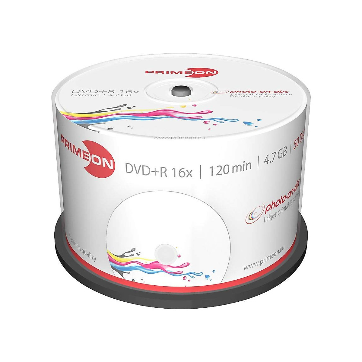 Primeon DVD+R 4.7GB/120min/16x Cake Box, Photo-on-Disc, Inkjet Full Size Printable Surface (50 Disc), White, 2761226