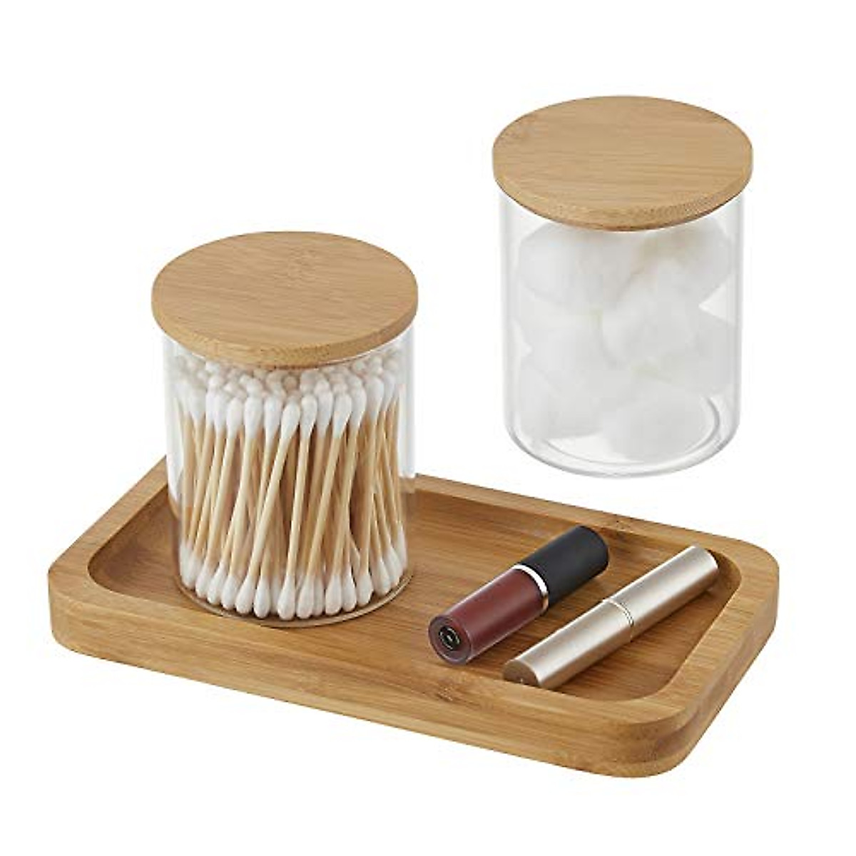 INIUNIK Glass Qtip Holder with Vanity Tray, Apothecary Jars Bathroom Accessories Bathroom Canisters Organizer Countertop Q Tip Holder for Cotton Ball Round Swab Pad Hair Ties Floss Perfume Jewelry