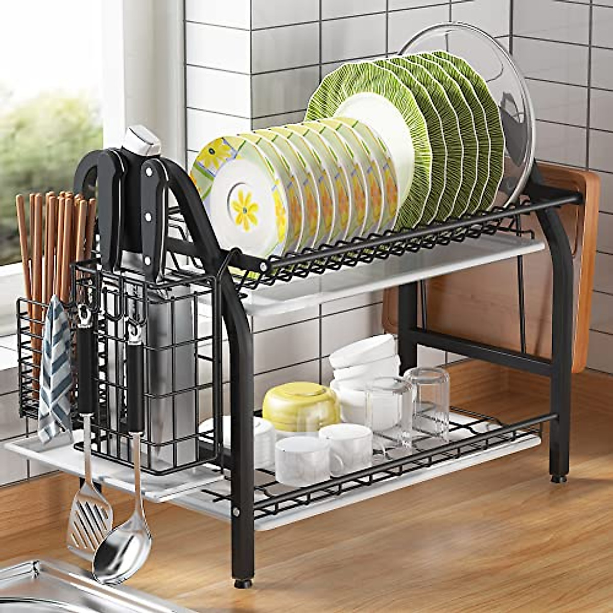 1Easylife Dish Drying Rack, 2 Tier Dish Rack Stainless Steel with Utensil Knife Holder and Cutting Board Holder Dish Drainer with Removable Drain Board for Kitchen Counter Organizer Storage