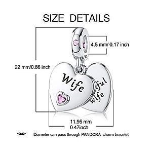 JIAYIQI Wife Charm Fit Pandora Charms Bracelet 925 Sterling Silver Dangle Beads with Cubic Zirconias Heart Shape Love Charms for Women Birthday Valentine's Day Present