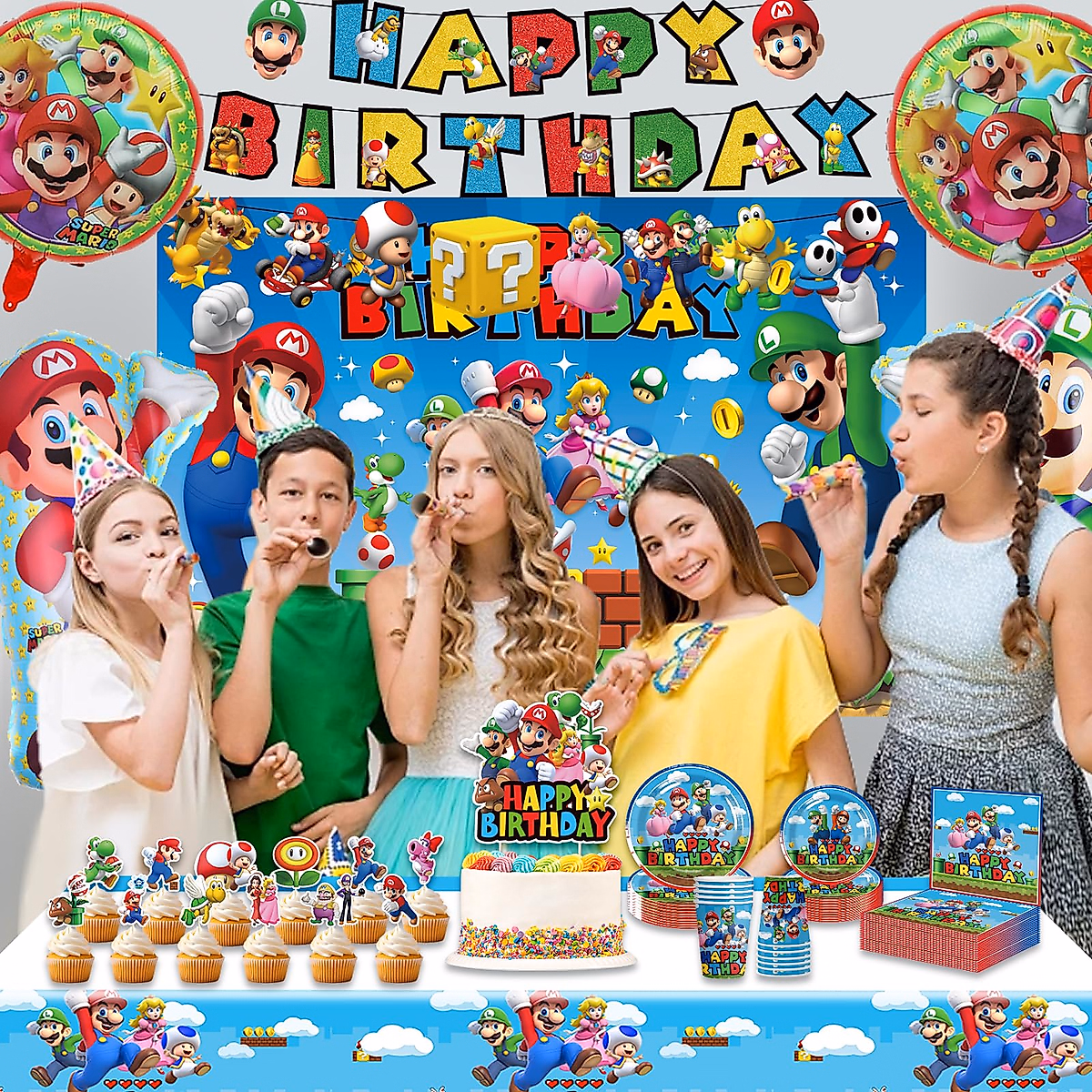 Cartoon Birthday Party Supplies Decorations Cartoon Game Backdrop Banner Cake Topper Balloons Cartoon Party Table Cloth Plates Cups etc Cartoon Game Birthday Party Supplies