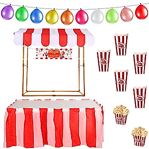 Jutom 45 Pcs Carnival Tabletop Decorating Kit Carnival Circus Concession Stand Decor Red White Striped Table Skirt Welcome to The Carnival Banner Popcorn Boxes Balloon for Carnival Party Decor