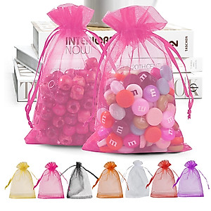 ANZNKU 50 Pack Organza Bags 4 x 6 inch Premium Sheer Drawstring Organza Bags for Candy Jewelry Party Wedding Christmas Favor Gift Bags (Pink)