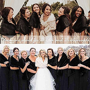 Unicra Wedding Fur Wraps and Shawls Faux Fox Fur Stoles Winter Cover Up with Rhinestones Brooch for Women and Girls (US 4-14(S-M), Black)