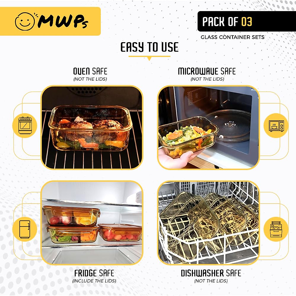 Glass Meal Prep Containers - 1, 2 & 3 Compartment (3 Pack, 36 oz), Reusable Glass Food Storage Containers with Lids, Bento Box Glass for Meal Prep