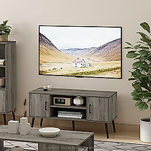 Furinno Claude Mid Century Style Wood Legs TV Stand for TV Size up to 50 inch with Two Cabinets, French Oak