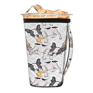 French Bulldog Iced Coffee Sleeve with Handle, Paris Eiffel Tower Reusable Neoprene Insulated Sleeves Cup Cover Holder for Cold Drinks Beverages 30oz - 32oz