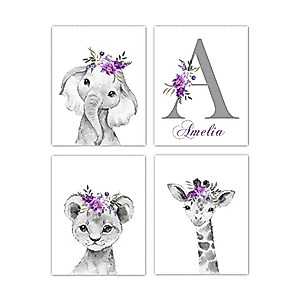 Baby Girl Nursery Wall Art Purple Floral Safari Animals Elephant Giraffe Lion Room Decor 4 UNFRAMED PRINTS