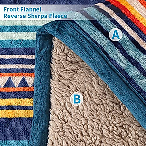Qucover Flannel Blanket Boho Blue Stripe Reversible Sherpa Throw Blanket Large, Luxury Bohemian Plush Flannel Throws for Sofa Couch Bed, 60x80 Inch