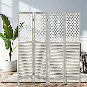 ECOMEX Cutout Room Divider, 4 Panel 5.6 Ft Tall Wood Room Dividers and Folding Privacy Screens, Freestanding Partition Wall Dividers, Room Separator, Grey White