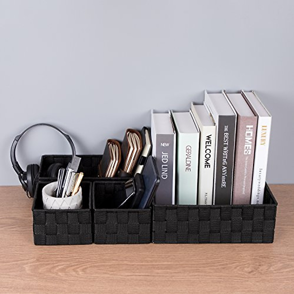 Posprica Woven Storage Baskets for Organizing, Small Black Baskets Cube Bin Container Tote Organizer Divider for Drawer, Closet, Shelf, Dresser, Set of 4