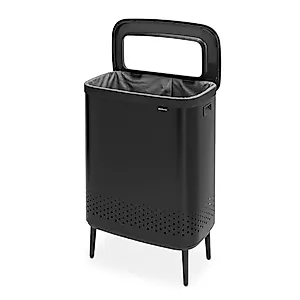 Brabantia Bo Laundry Hamper Hi (Matt Black) 2 Compartment Removable Laundry Bag 2 x 12 Gal, Ventilated Stylish Dirty Clothes Holder, Flat Back, Off-the Ground, Anti-Rust Materials for Bathroom Use