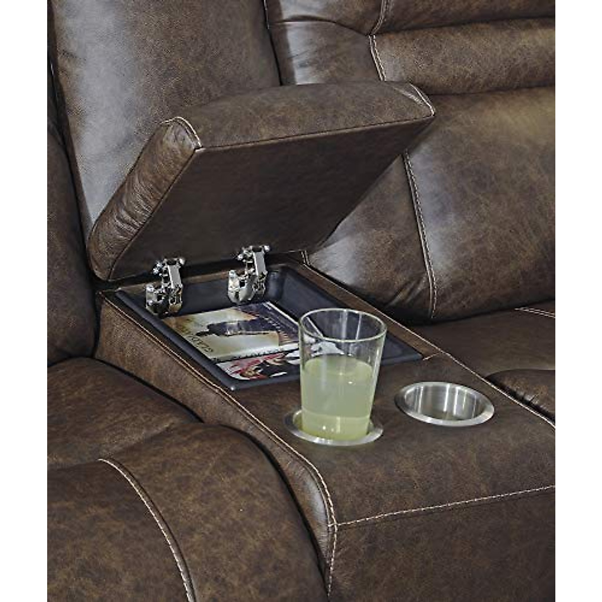 Signature Design by Ashley Wurstrow Leather Adjustable Dual Sided Power Reclining Loveseat with Console & USB Charging, Brown