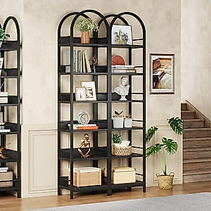 LITTLE TREE 6-Tier Open Bookshelf, 78.7" Tall Arched Bookcase, Black Wooden Bookshelf with Metal Frame, Freestanding Narrow Bookcase Display Shelves for Living Room, Bedroom, Office