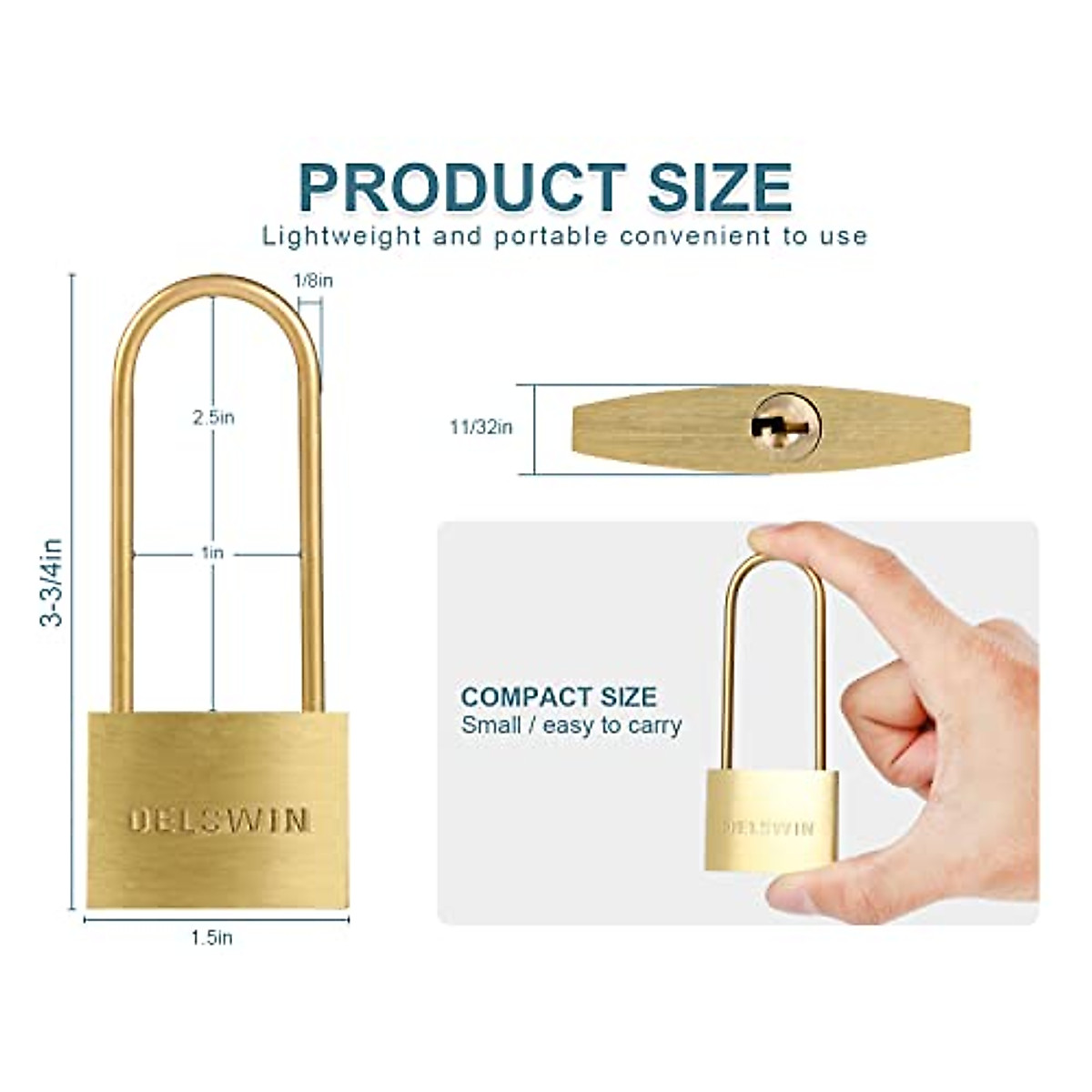 DELSWIN Keyed-Alike Solid Brass Padlock - Small Pad Locks with Same Key Weatherproof Long Shackle Lock for School Gym Locker and Tool Box, Pack of 2